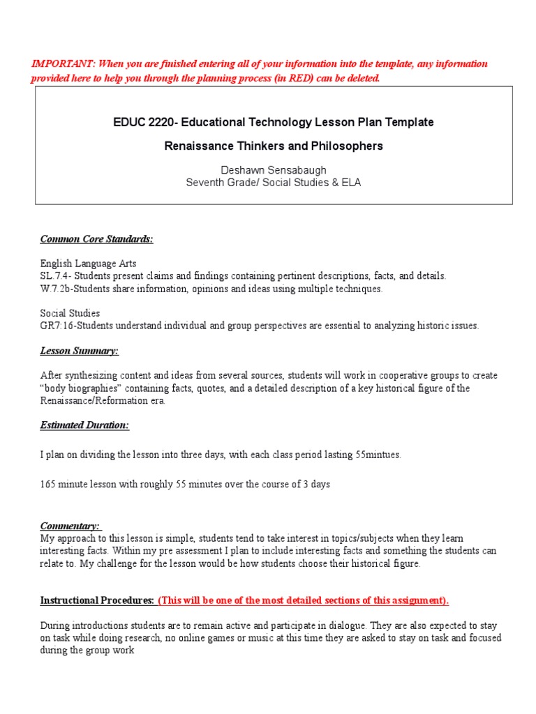 EDUC 2220-Educational Technology Lesson Plan Template Renaissance ...