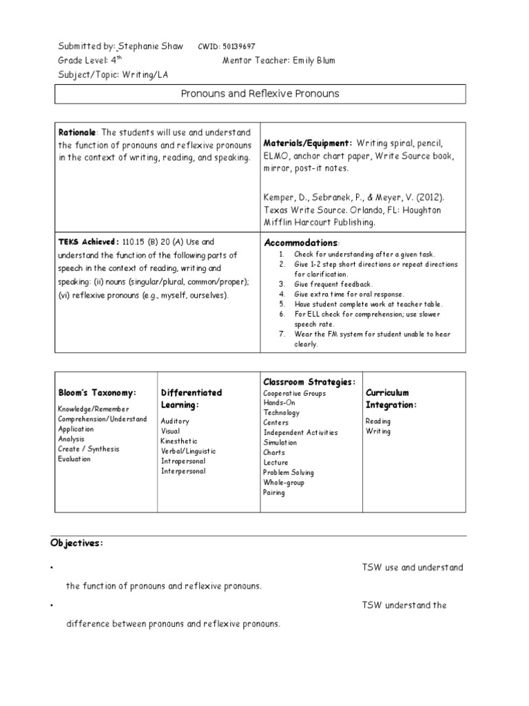 Understanding Pronouns and Reflexive Use | PDF | Pronoun | Sentence ...