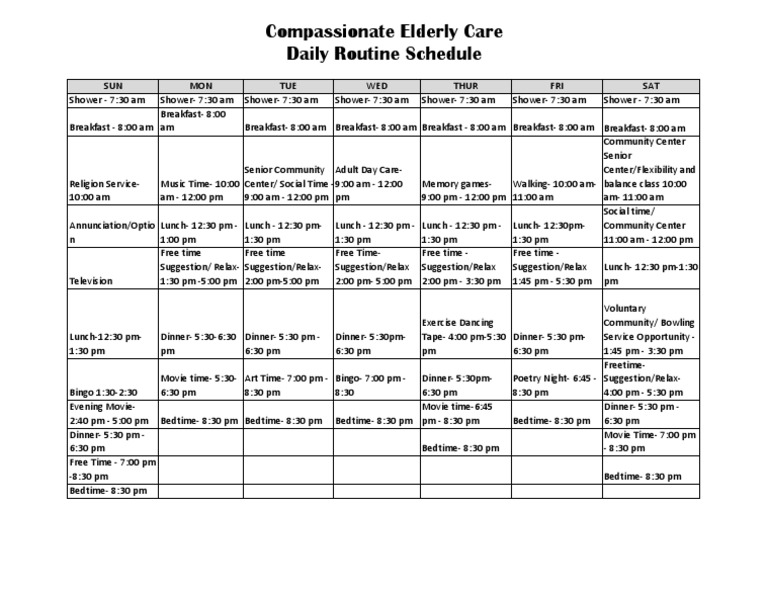 Compassionate Elderly Care Daily Routine Schedule | PDF | Meal | Eating ...