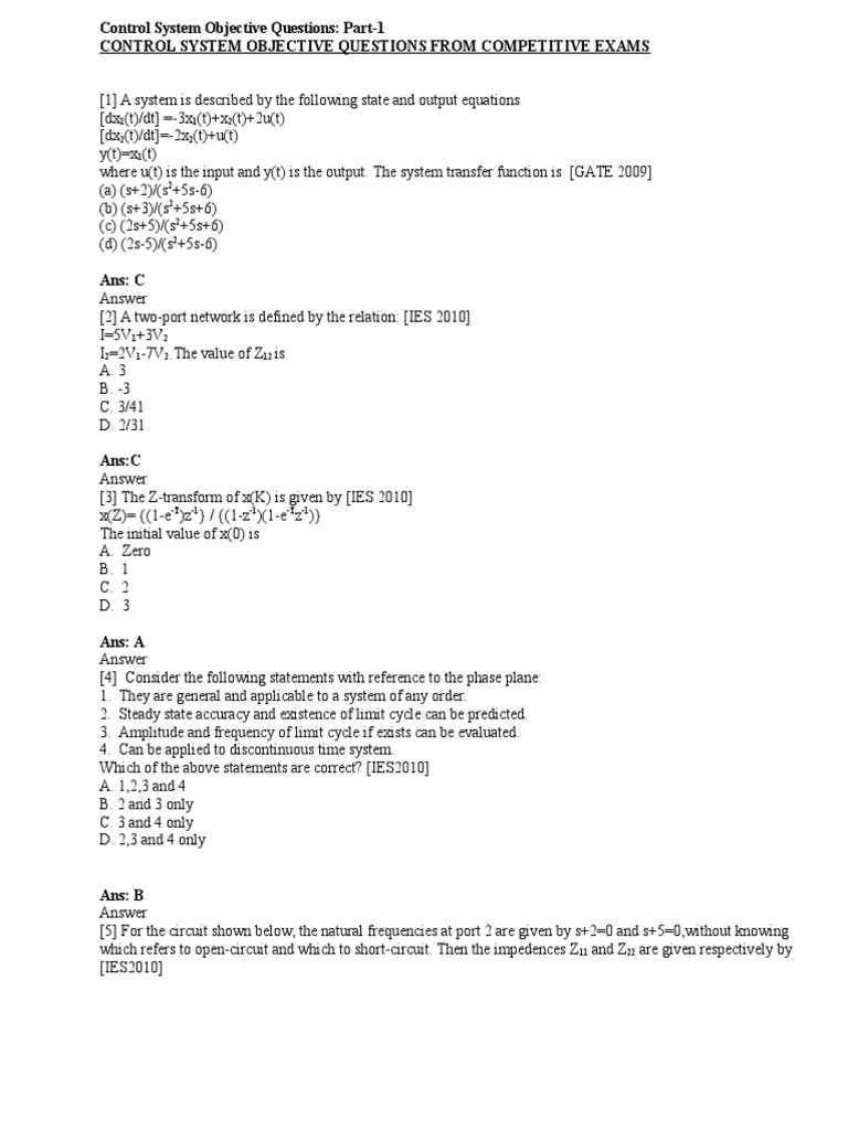 Control System Competitive Questions With Answers | PDF | Matrix ...