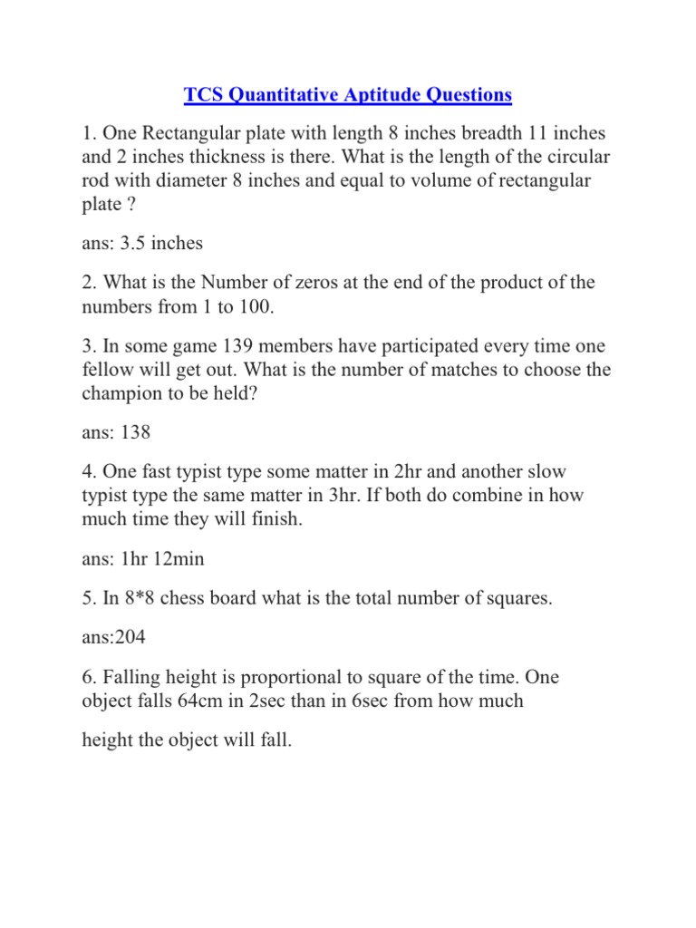 TCS Quantitative Aptitude Questions | PDF | Fraction (Mathematics) | Speed