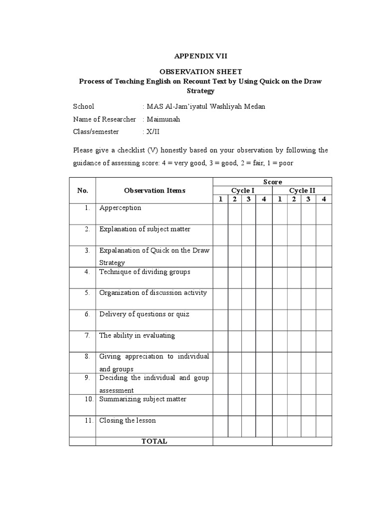 Observation Sheet For Teacher | PDF