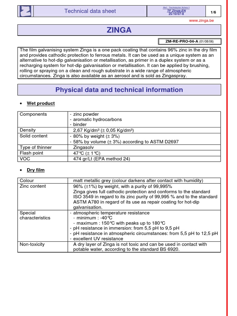Zinga Technical Data Sheet PDF | PDF | Galvanization | Paint