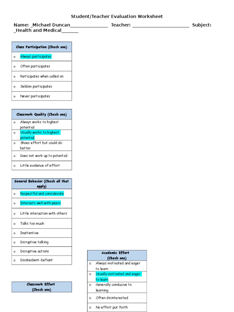 Student-Teacher Evaluation Form | PDF | Homework | Quality Of Life