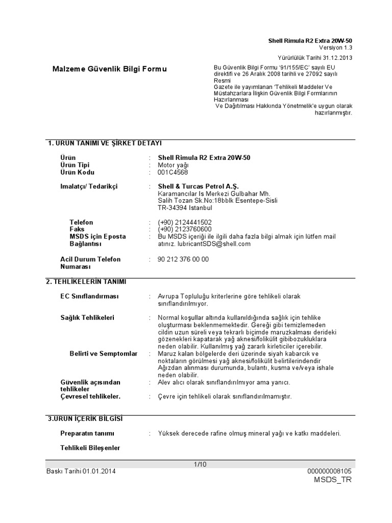 Msds TR Shell Rimula r2 Extra 20w 50 | PDF