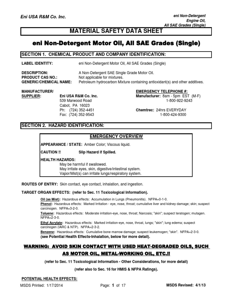 Sds Eni Non Detergent Motor Oil All Sae | PDF | Personal Protective ...