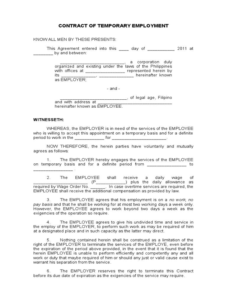 Sample Template - Contract of Temporary Employment | PDF | Overtime ...