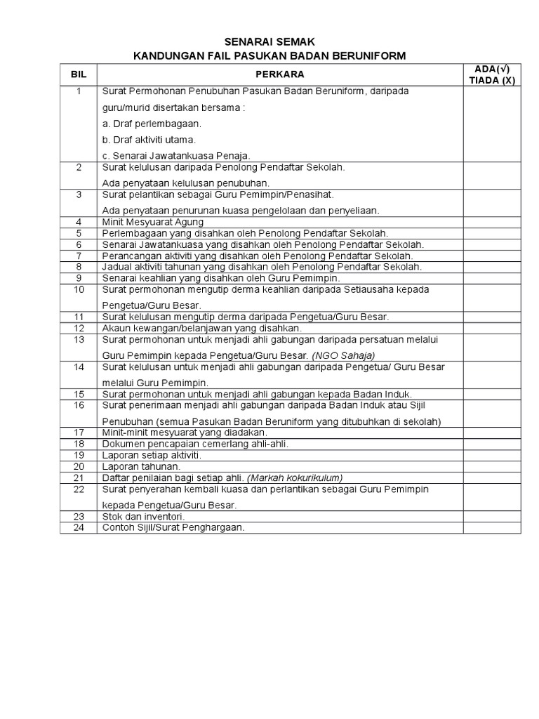 Senarai Semak Fail Unit Beruniform | PDF