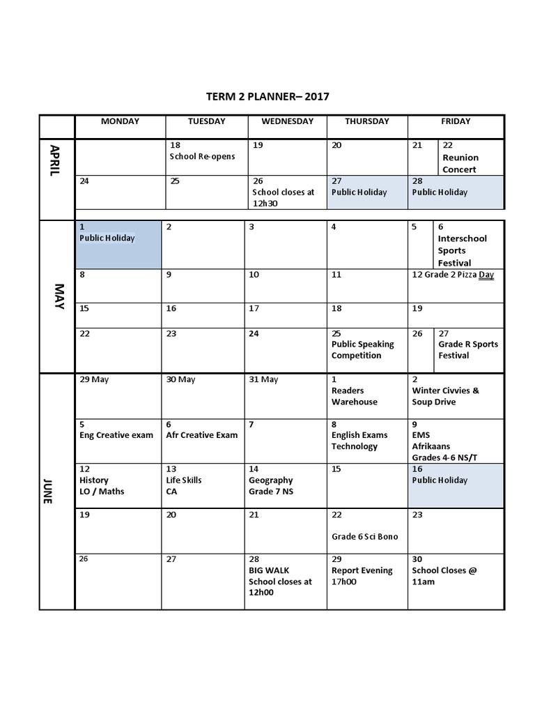 Term 2 Planner 2017 | PDF