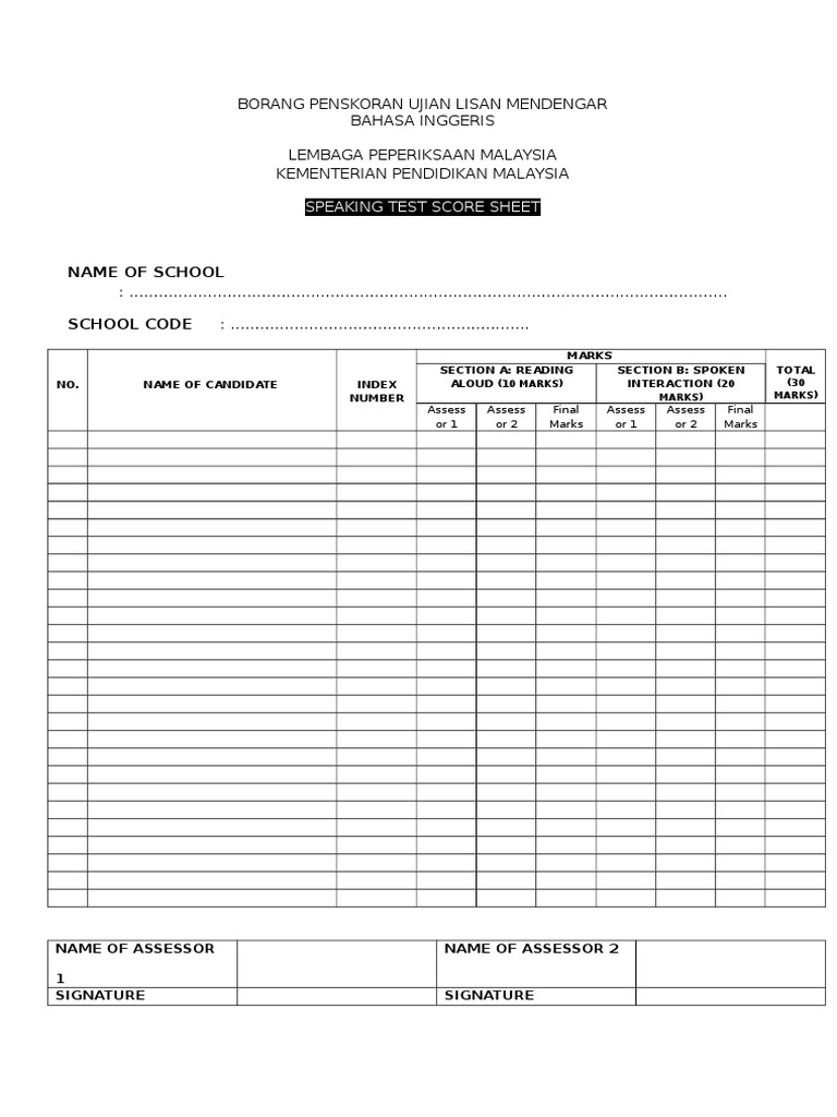 Name of School: Speaking Test Score Sheet | PDF | Standardized Tests ...
