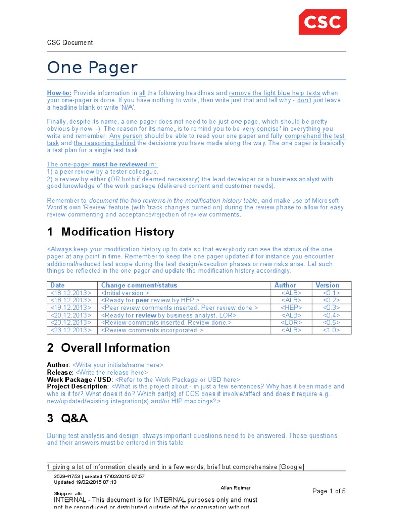 One Pager Template | PDF | Software Testing | Component Based Software ...