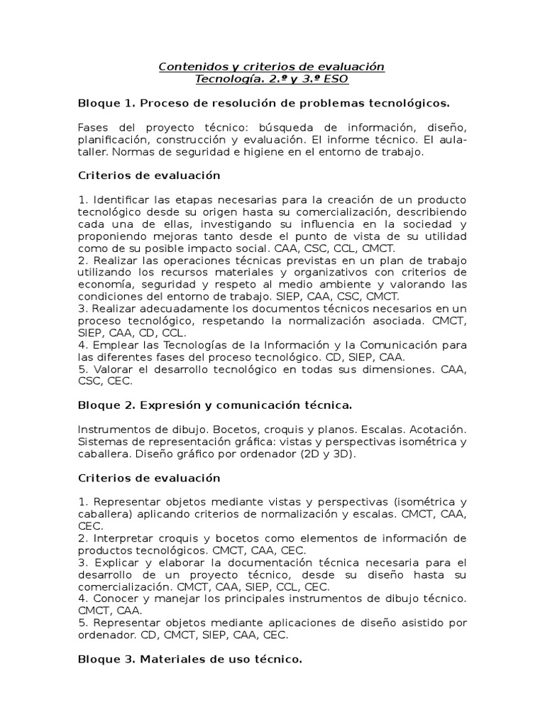 Contenidos y Criterios de Evaluación 2 3 Eso Tecnologia | PDF
