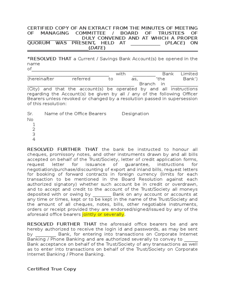 Resolution For Opening Bank Acc - Trust | PDF