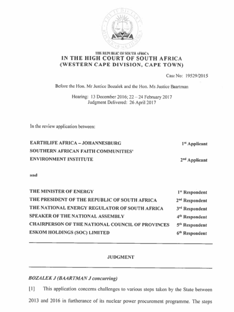 Nuclear Deal: Earthlife Africa JHB V Minister of Energy | PDF