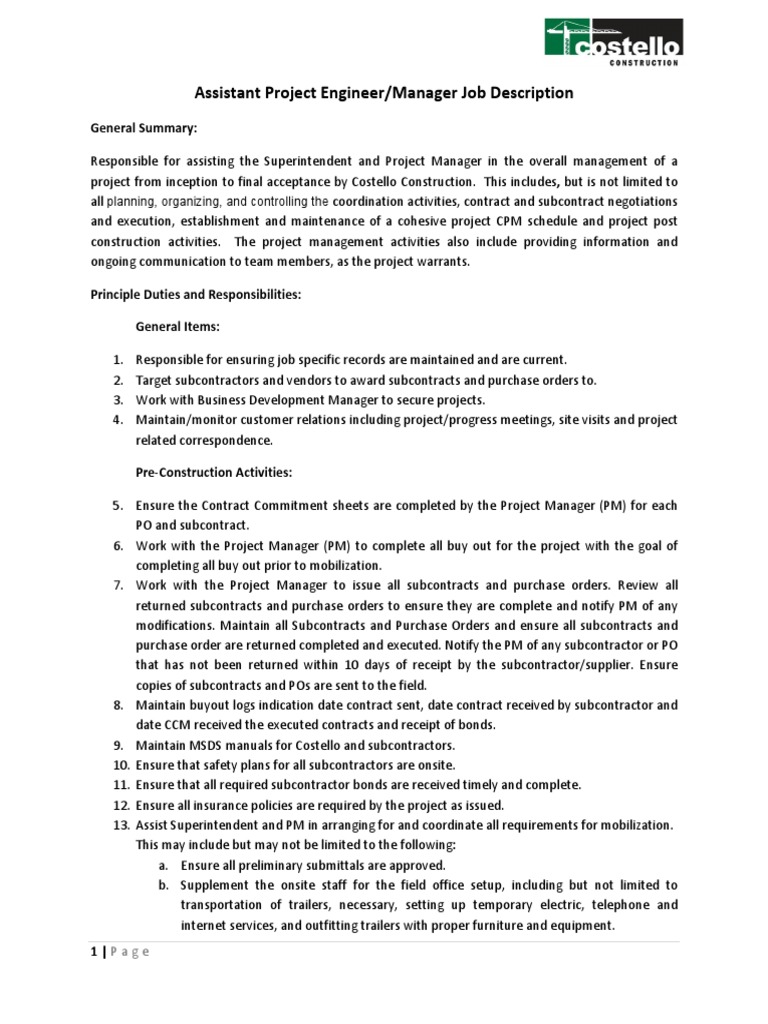 Assistant Project Engineer-Manager Job Description | PDF | Industries ...