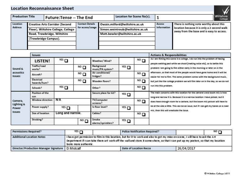 Location Reconnaissance Sheet Future:Tense - The End 1: D.Midcalf 26/04 ...