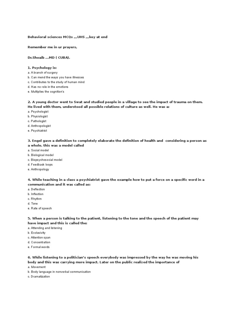 Behavioral Sciences MCQs | PDF | Sleep | Recall (Memory)