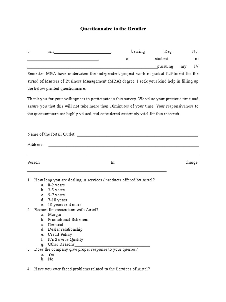 Questionnaire On Retailers and Customer Perception On Airtel Payment ...