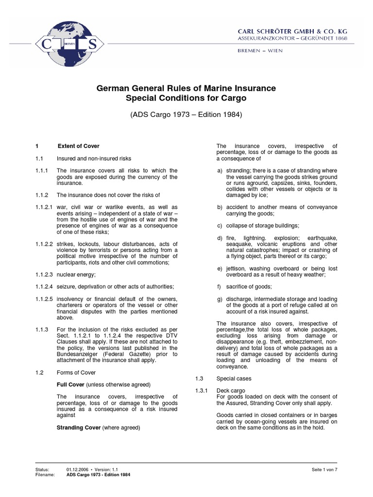 ADS Cargo 1973 - Edition 1984 | PDF | Underwriting | Insurance