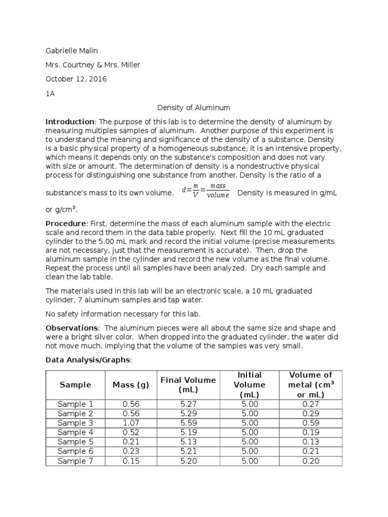 My Density Lab Report | Download Free PDF | Density | Errors And Residuals