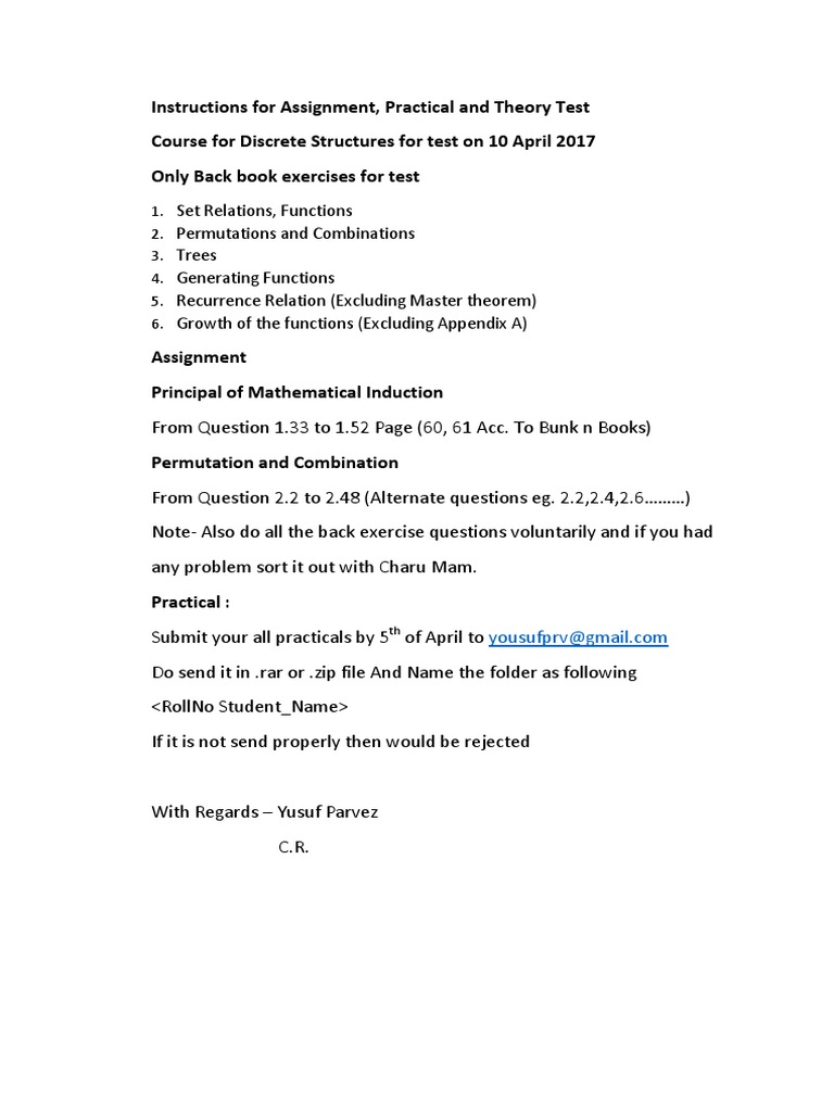 Instructions For Assignment, Practical and Theory Test Course For ...