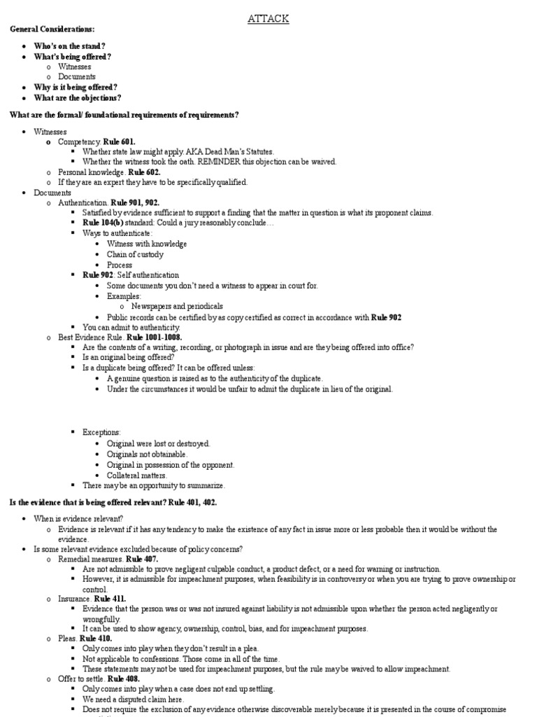 Evidence Attack Outline | Witness Impeachment | Hearsay