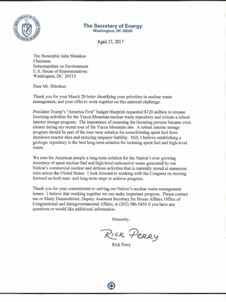 Energy Secretary Perry Letter to Reps. John Shimkus and Greg Walden