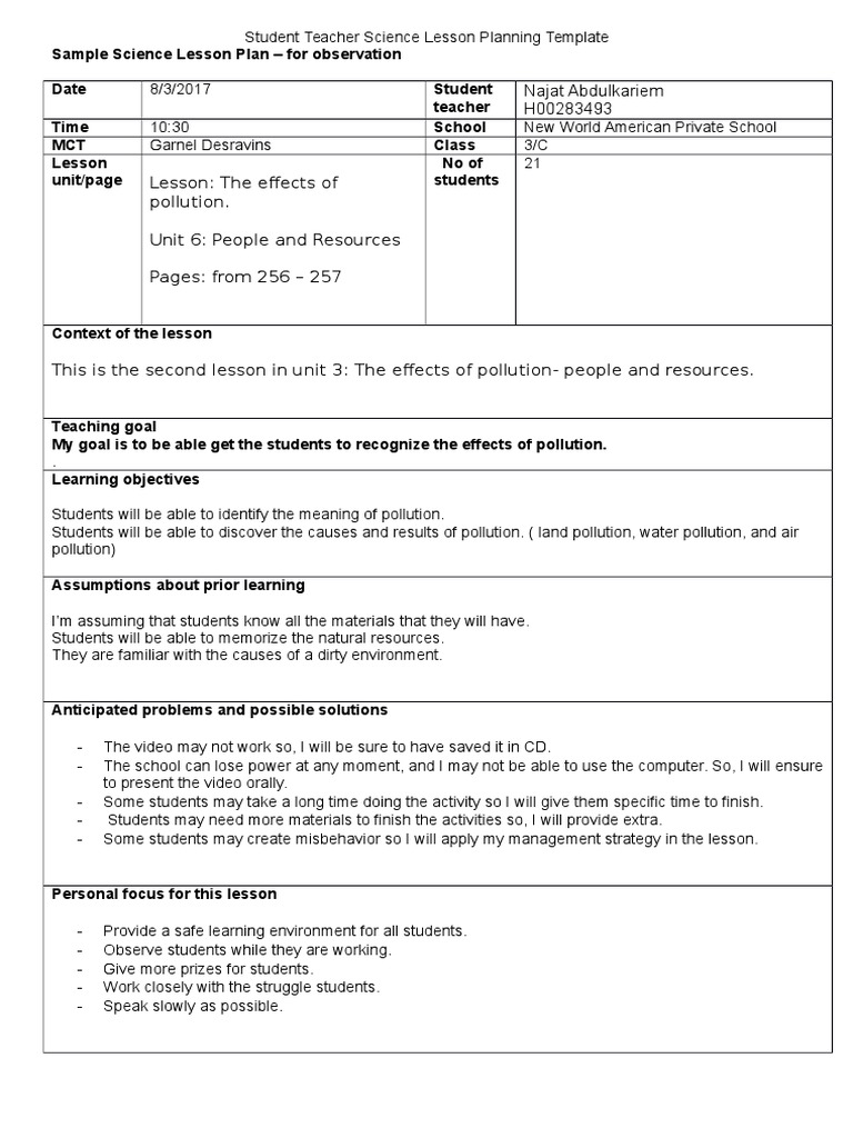 Pollution Lesson Plan | PDF | Educational Assessment | Lesson Plan