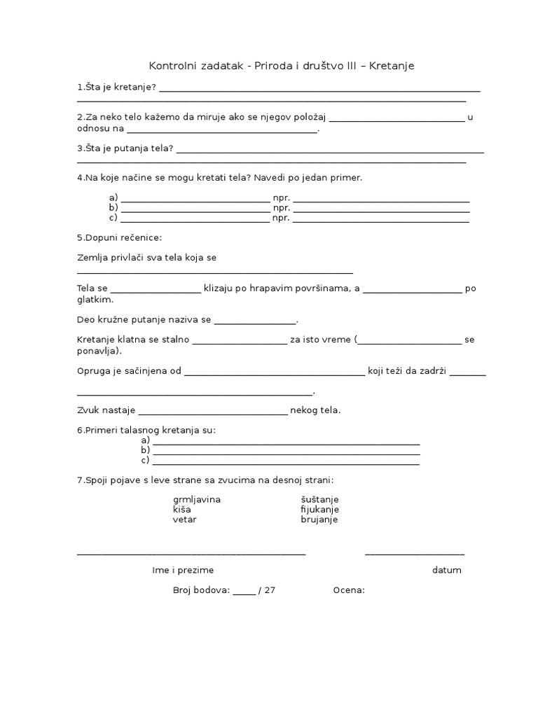 Priroda I Drustvo 3 Kontrolni Zadatak III 6 Kretanje | PDF