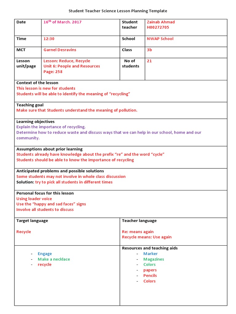 Lesson Plan 4 - Recycling | PDF | Educational Assessment | Lesson Plan