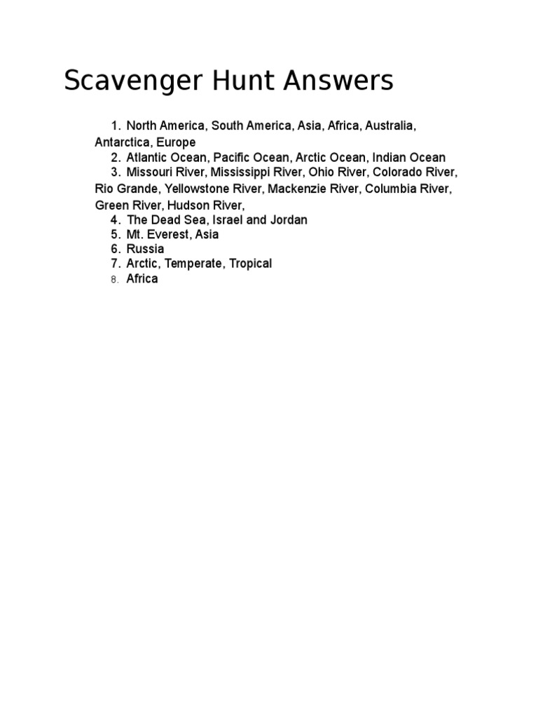 Scavenger Hunt Answers | PDF