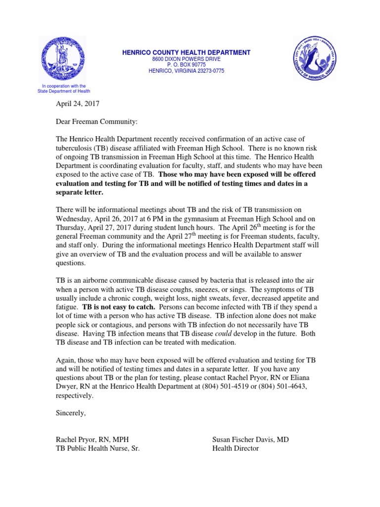 Letter to Parents | Tuberculosis | Infection