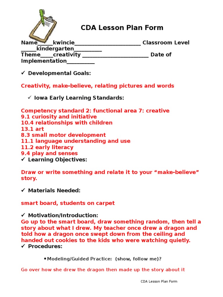 Cda Creativity Lesson Plan - Draw Pic and Tell Story | PDF