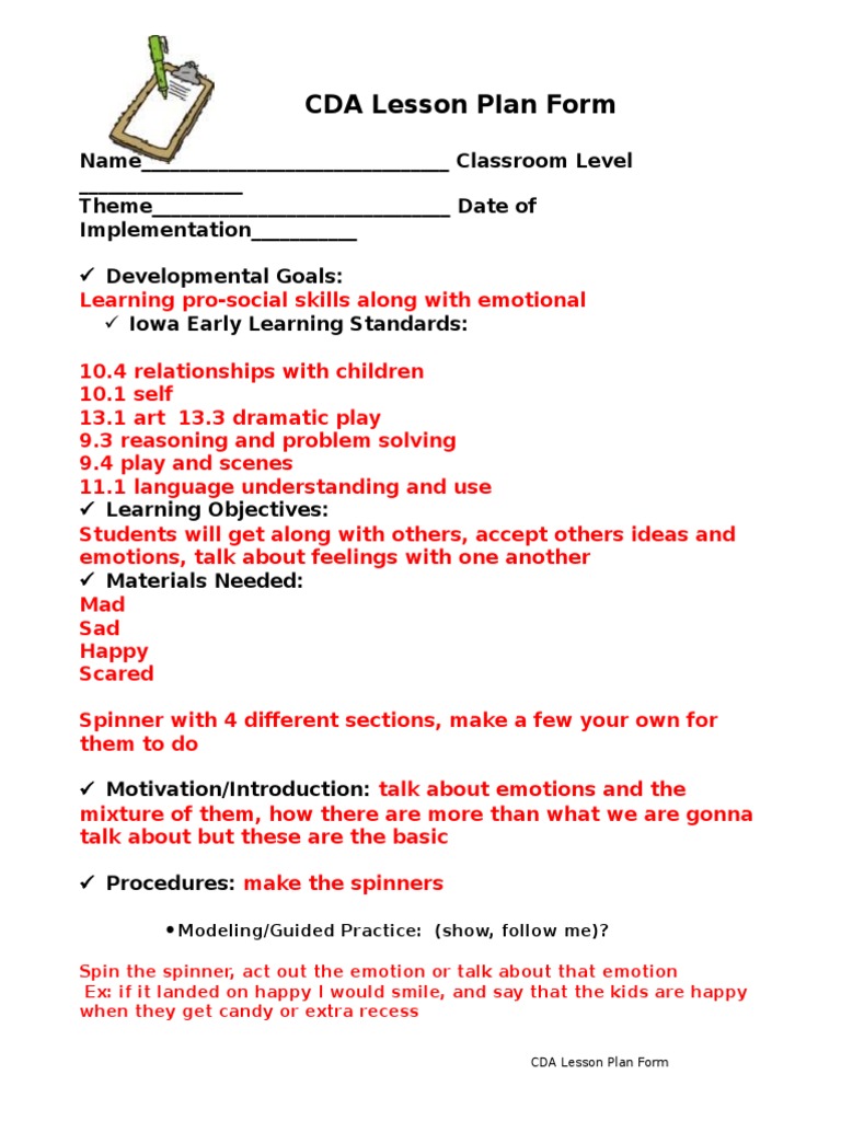 CDA Lesson Plan Form: Modeling/Guided Practice: (Show, Follow Me ...