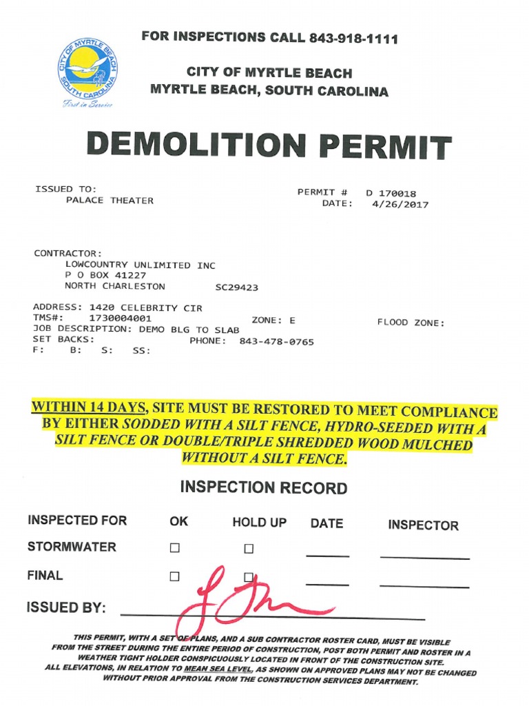 Palace Theatre Demolition Permit | PDF