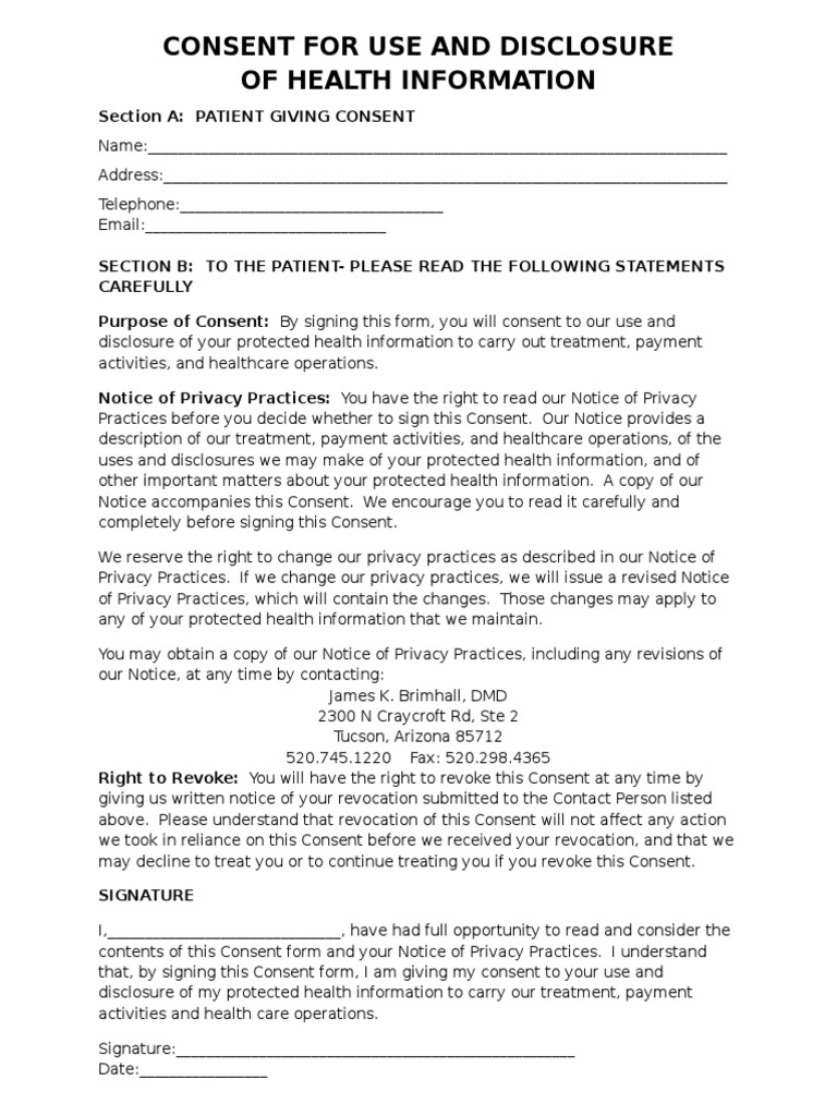 Consent For Use and Disclosure of Health Information | PDF | Health ...