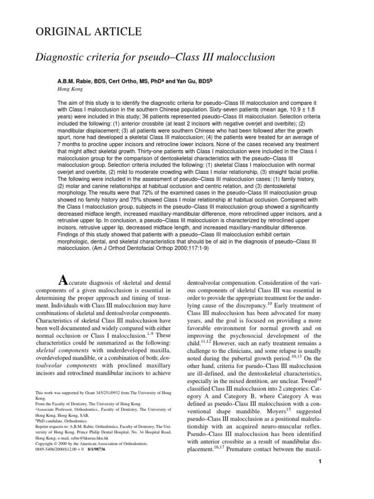 Diagnostic Criteria For Pseudo-Class III Malocclusion | PDF | Dentistry ...