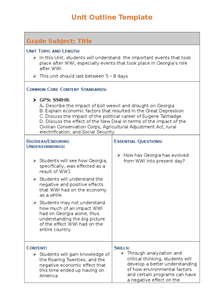 Unit Outline Template: Grade Subject: Title | PDF | Differentiated ...