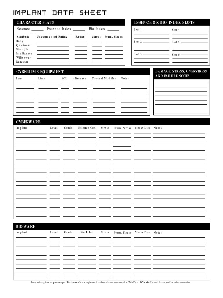 Implant Data Sheet: Character Stats Essence or Bio Index Slots | PDF