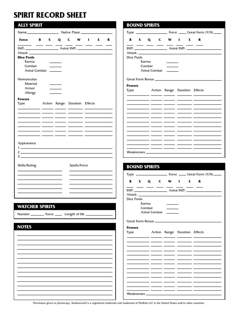 Spirit Record Sheet: Bound Spirits Ally Spirit | PDF | Role Playing ...