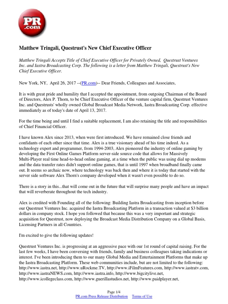 Matthew Tringali, Questrust's New Chief Executive Officer | PDF ...