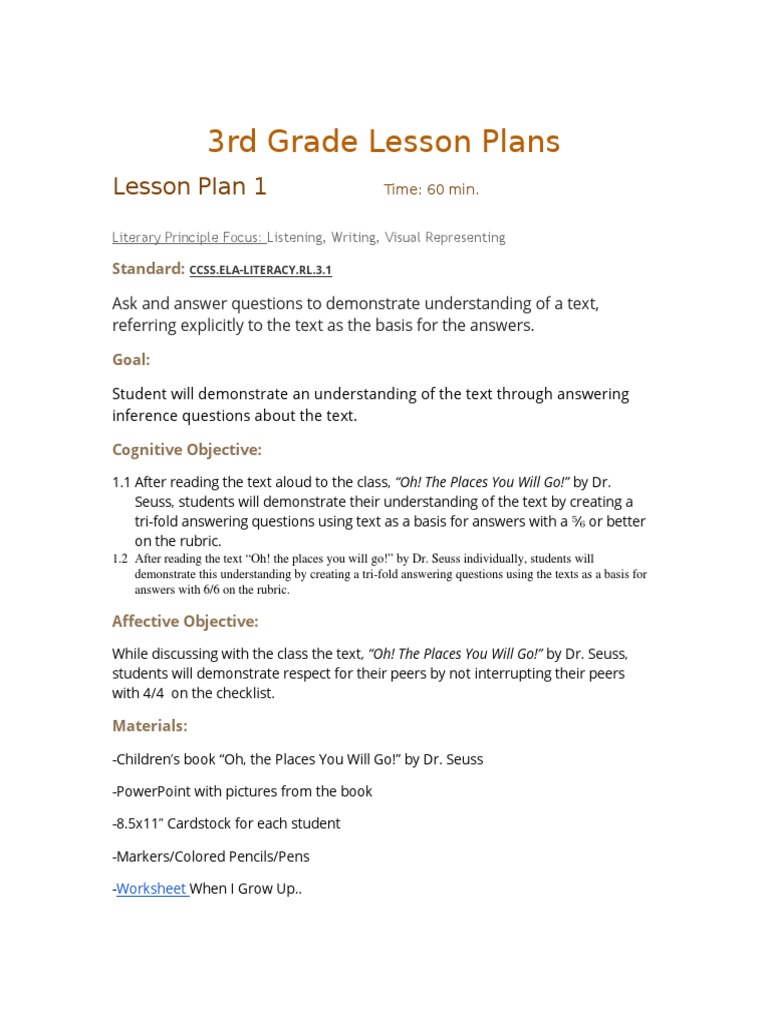 3rd Grade Lesson Plans | PDF | Lesson Plan | Rubric (Academic)