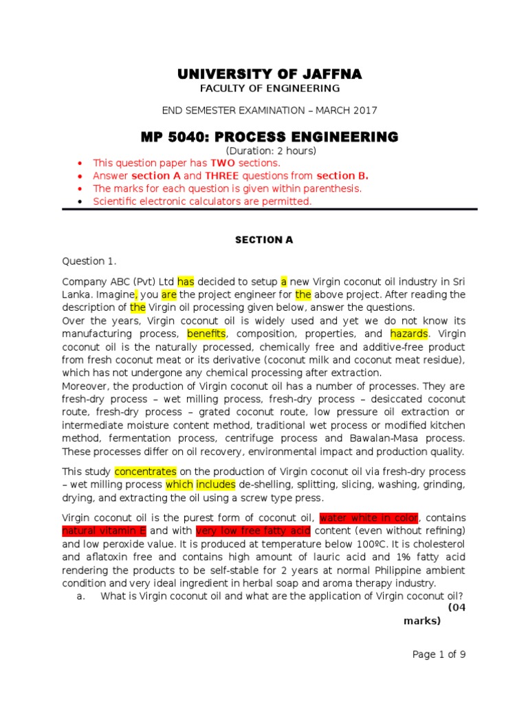 Process Engineering Exam 2017 | PDF