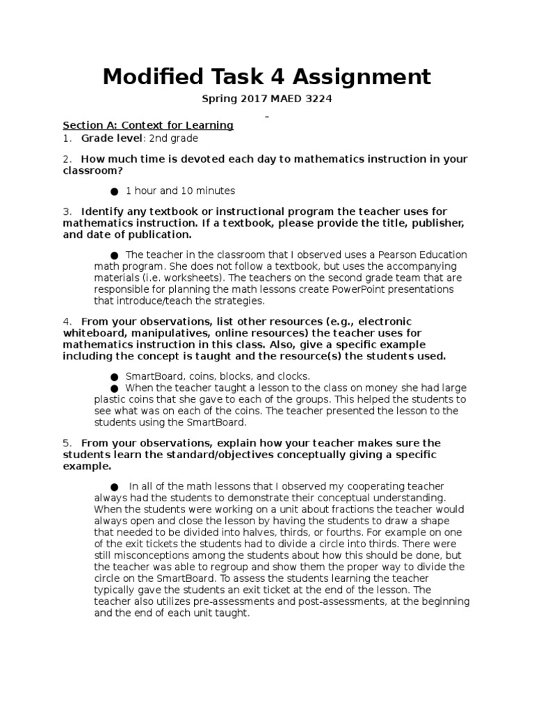 Modified Task 4 Assignment | PDF | Subtraction | Teachers