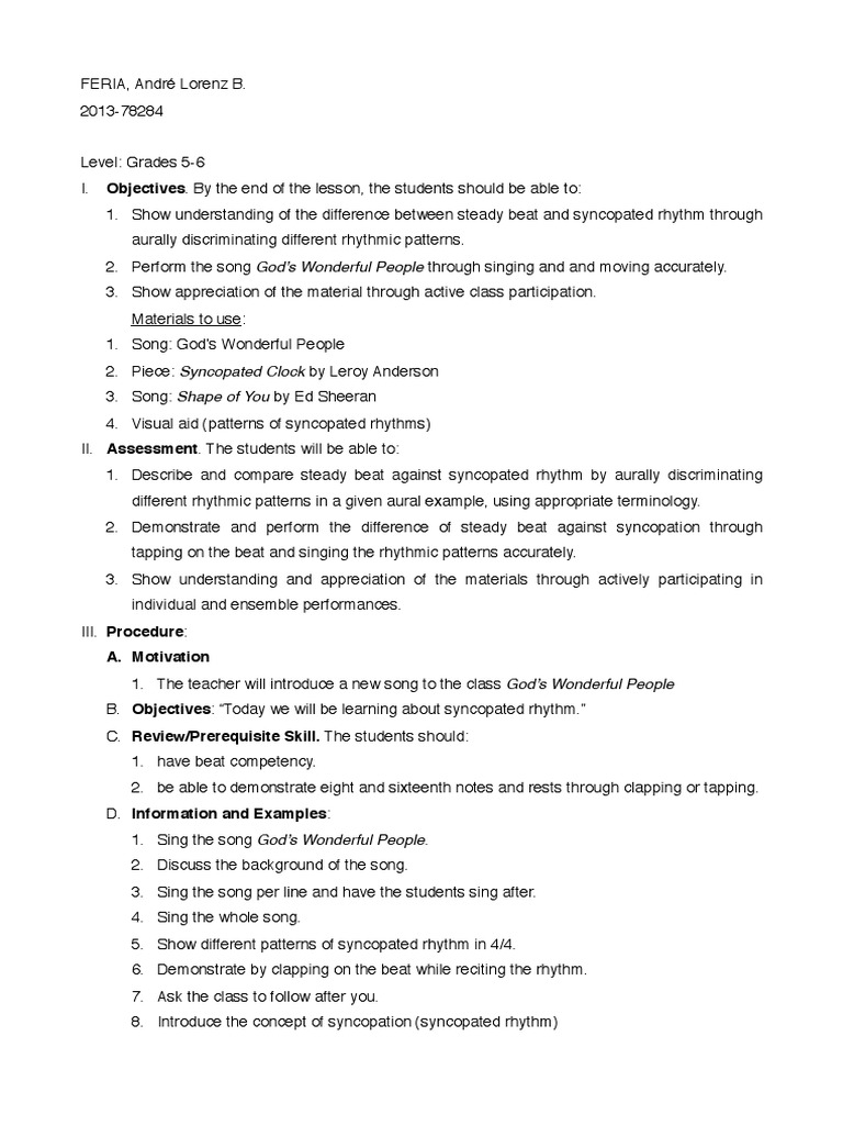 Lesson Plan 1 PDF | PDF | Rhythm | Performing Arts