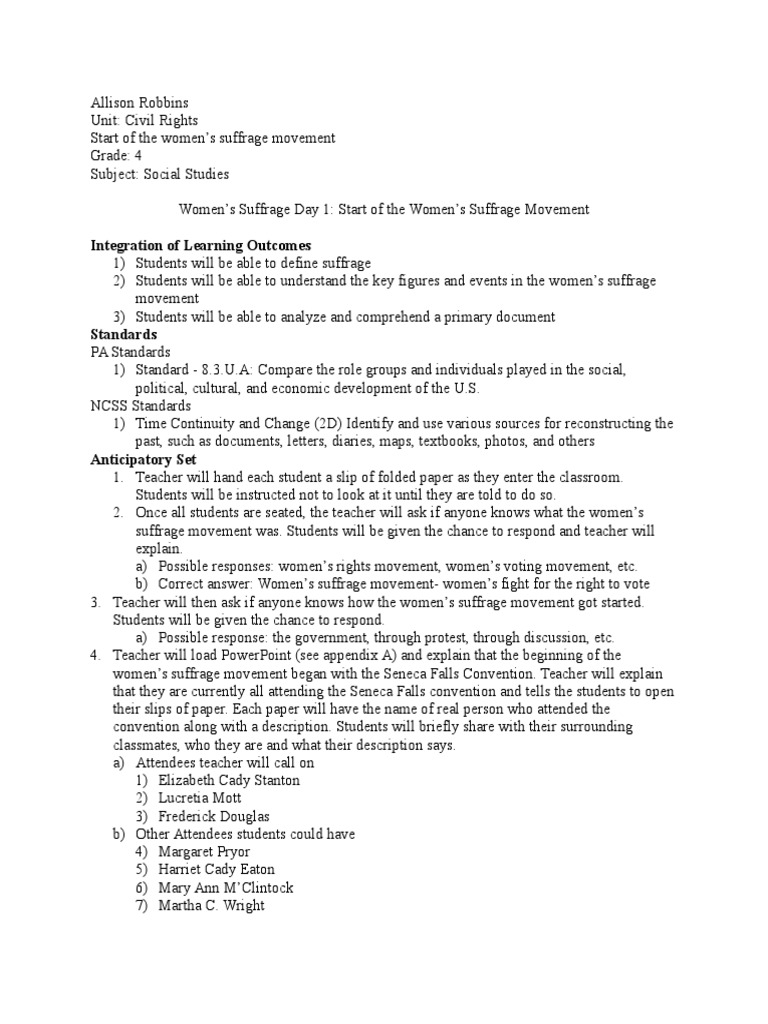 Womens Suffrage Day 1 Lesson | PDF | Human Rights | Politics (General)