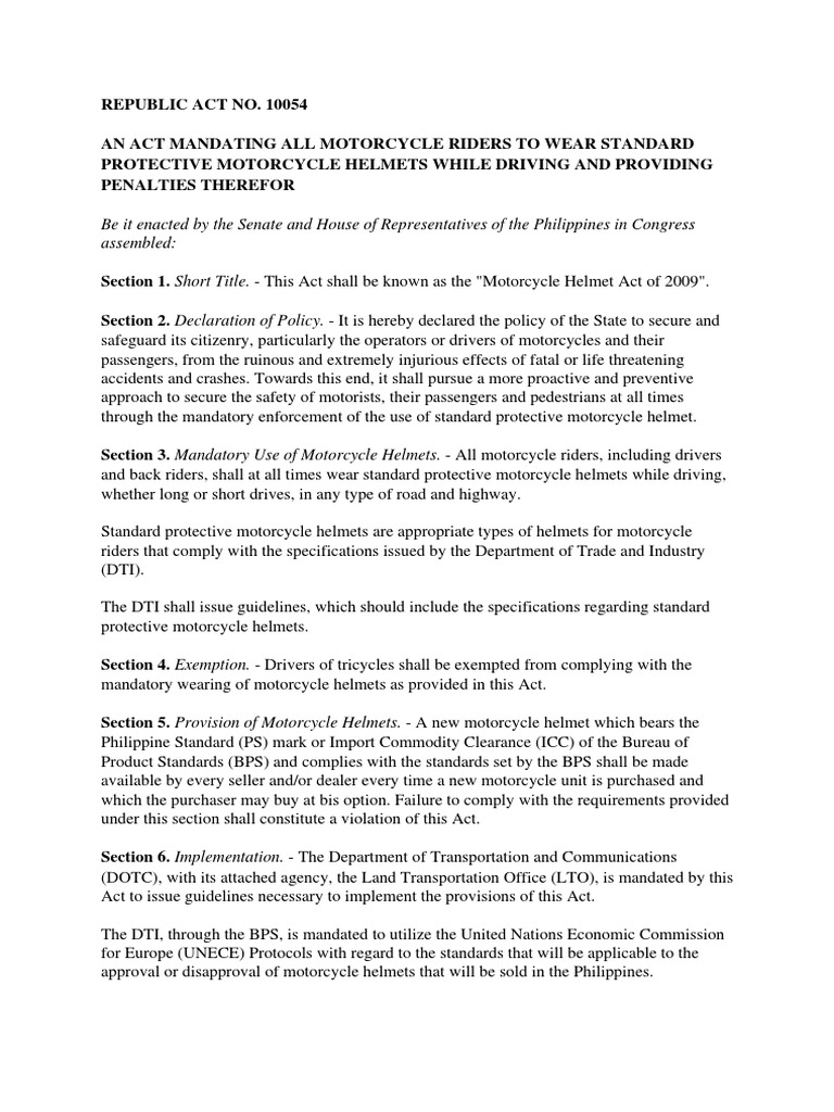 Ra 10054 | PDF | Motorcycle | Traffic Collision