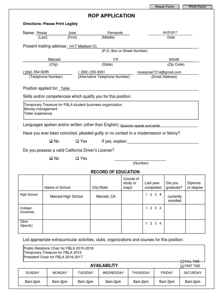 Rop Job Application With Availability - Fillable For Website 2 | PDF ...