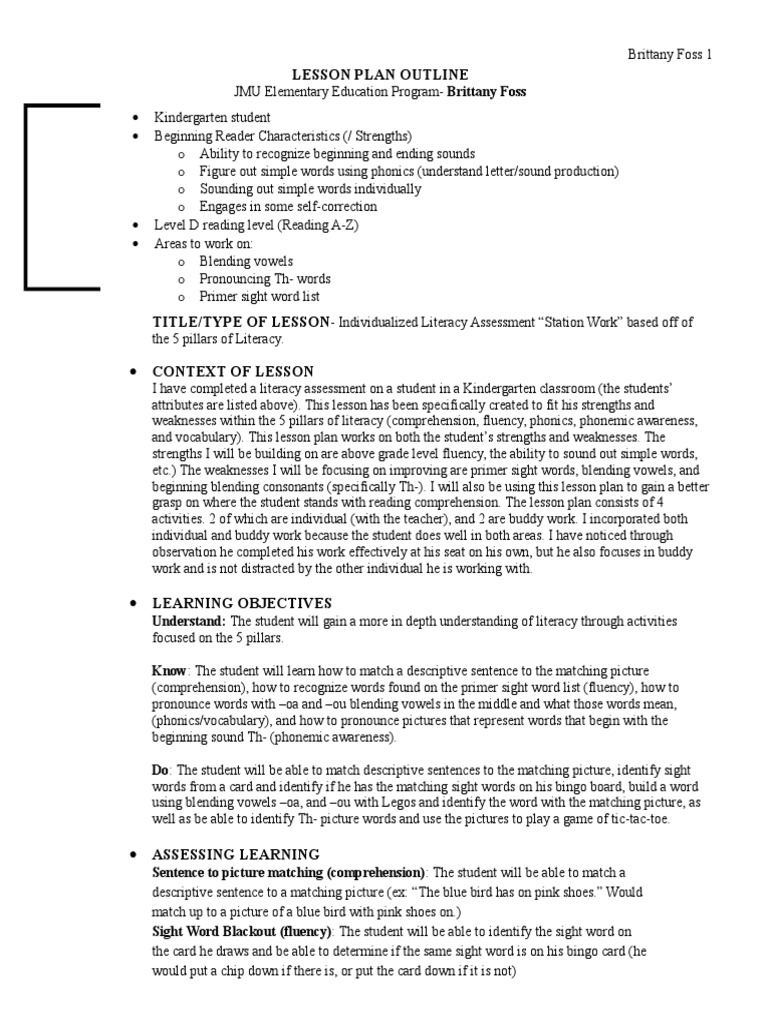 Lesson Plan Outline | PDF | Phonics | Reading Comprehension