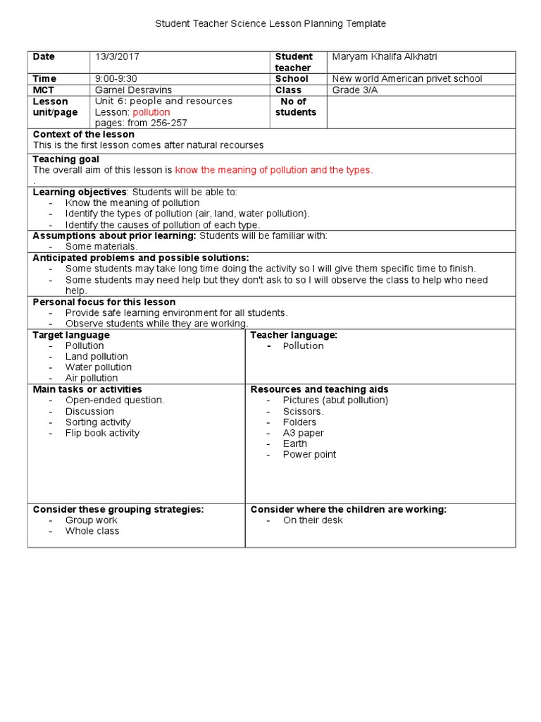 Lessonplan 4 Pollution | PDF | Educational Assessment | Education Theory